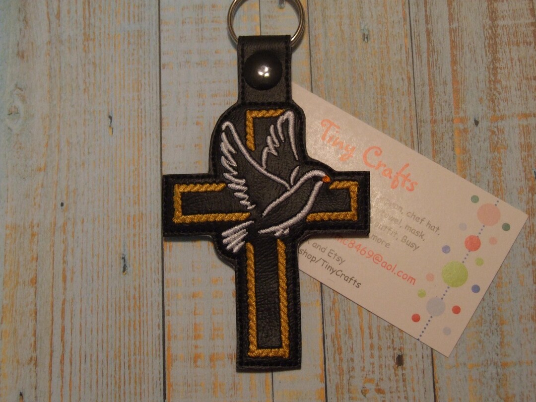 White Dove on Cross Key Fob Chain Ring Tag for Luggage Backpack Zipper ...