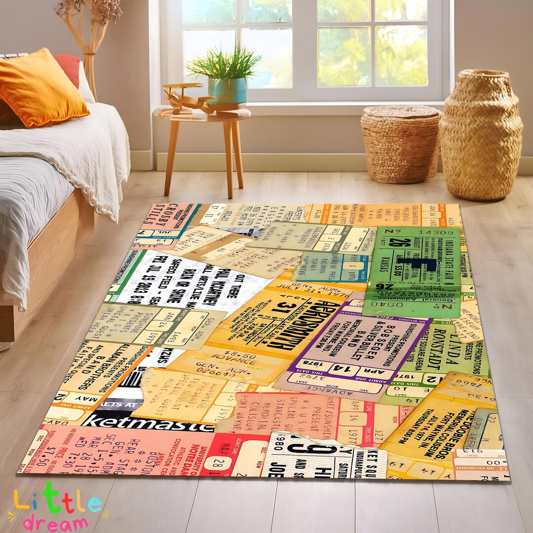 Retro Concert Ticket Collage Rug, Vintage Event Pass Carpet, Nostalgic ...