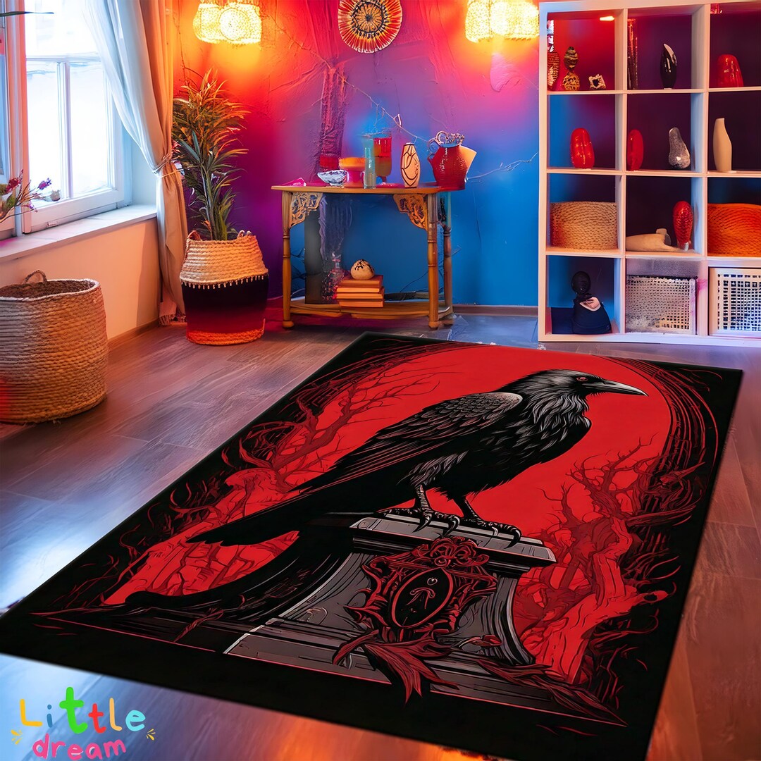 Red and Black Raven Rug: Gothic Bird Home Decor - Etsy