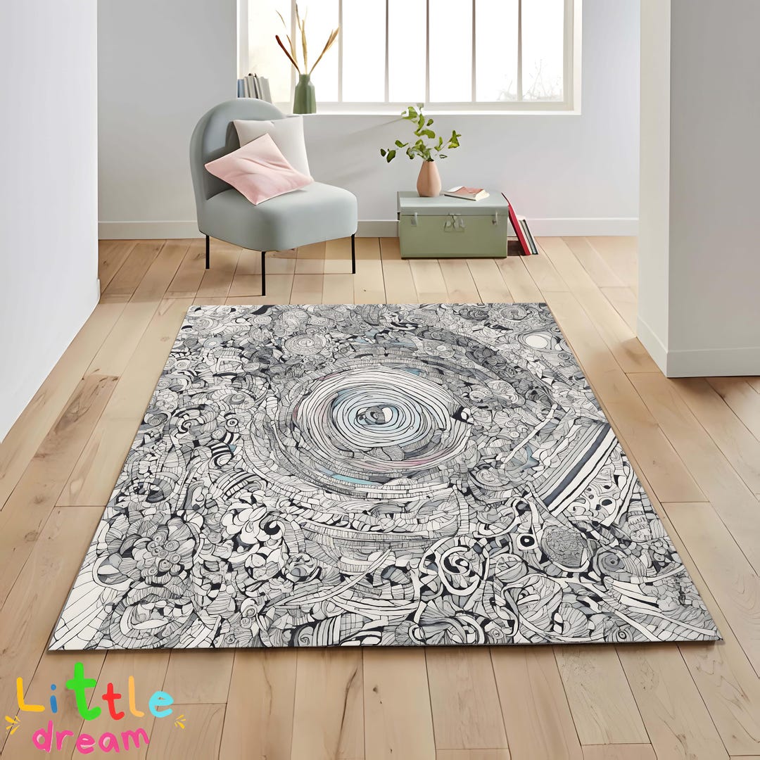 Intricate Doodle Art Rug, Black and White Pattern Carpet, Unique Home ...