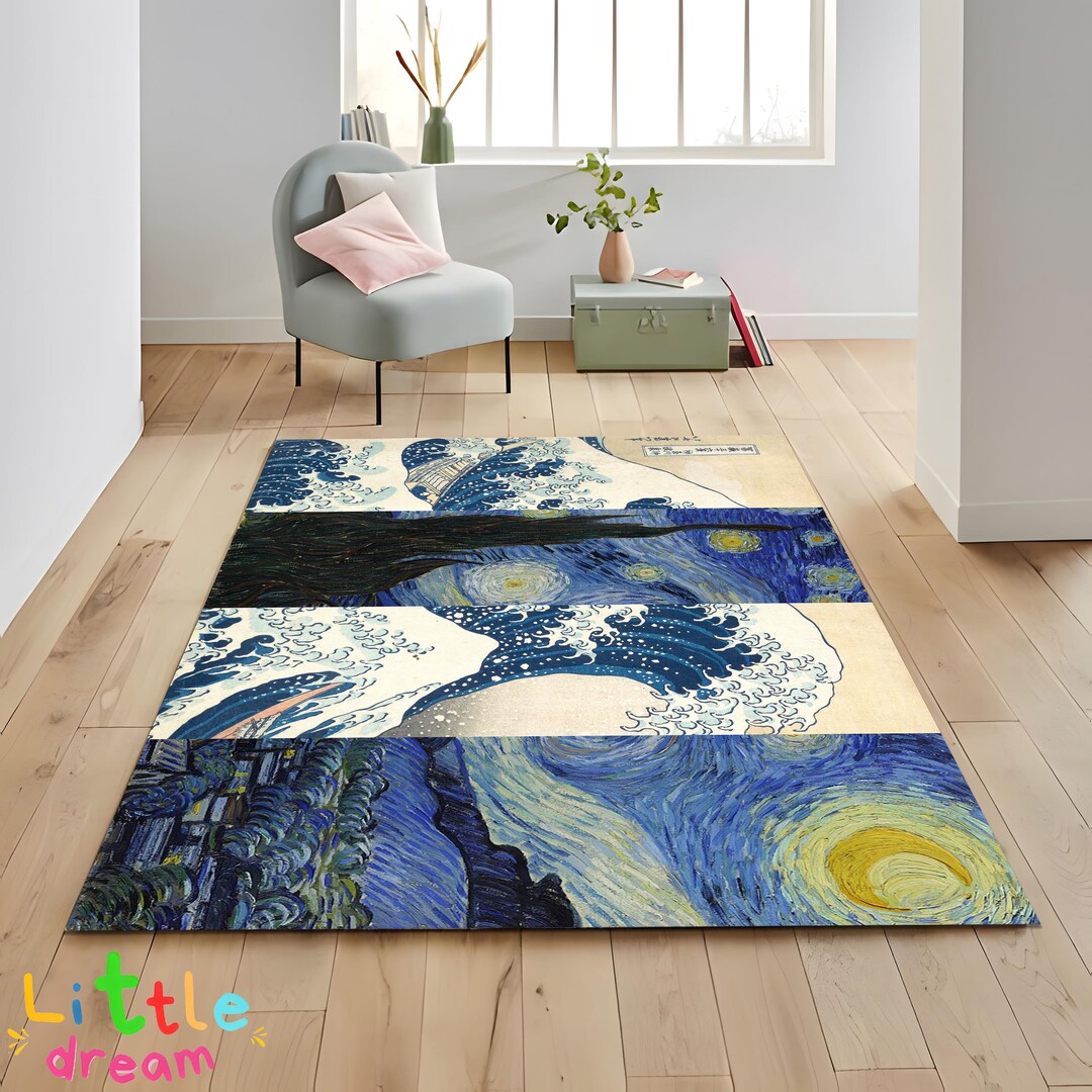 Van Gogh Starry Night Wave Rug, Famous Art Collage Carpet, Unique Decor ...