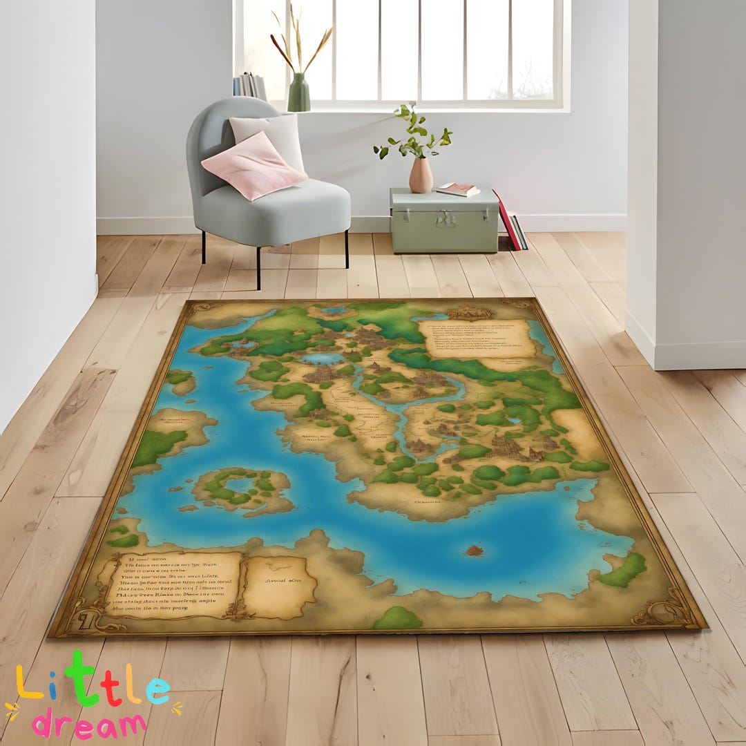 Vintage Fantasy Map Rug, Medieval World Carpet, RPG Decor, Game Room ...