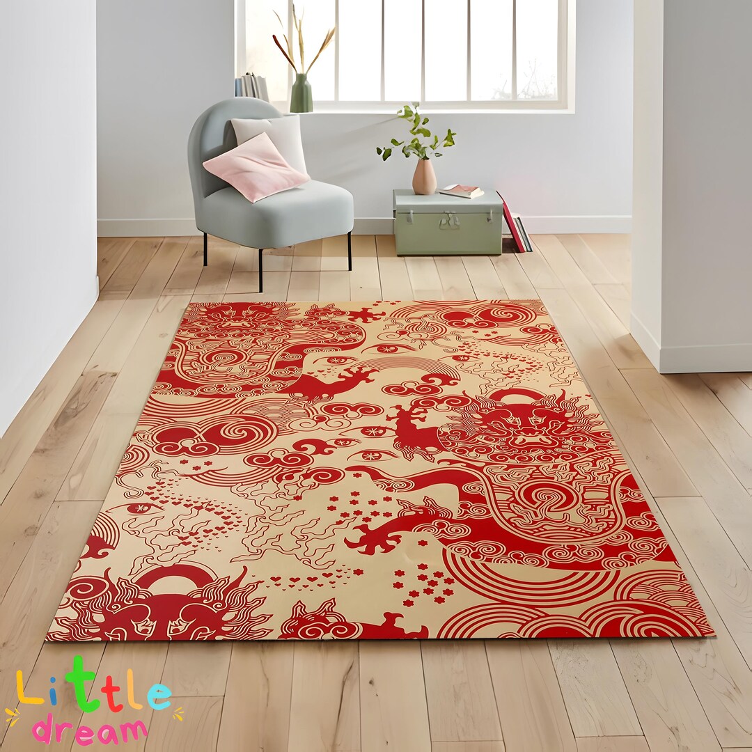 Red Dragon and Clouds Rug, Asian Art Carpet, Traditional Chinese Dragon ...