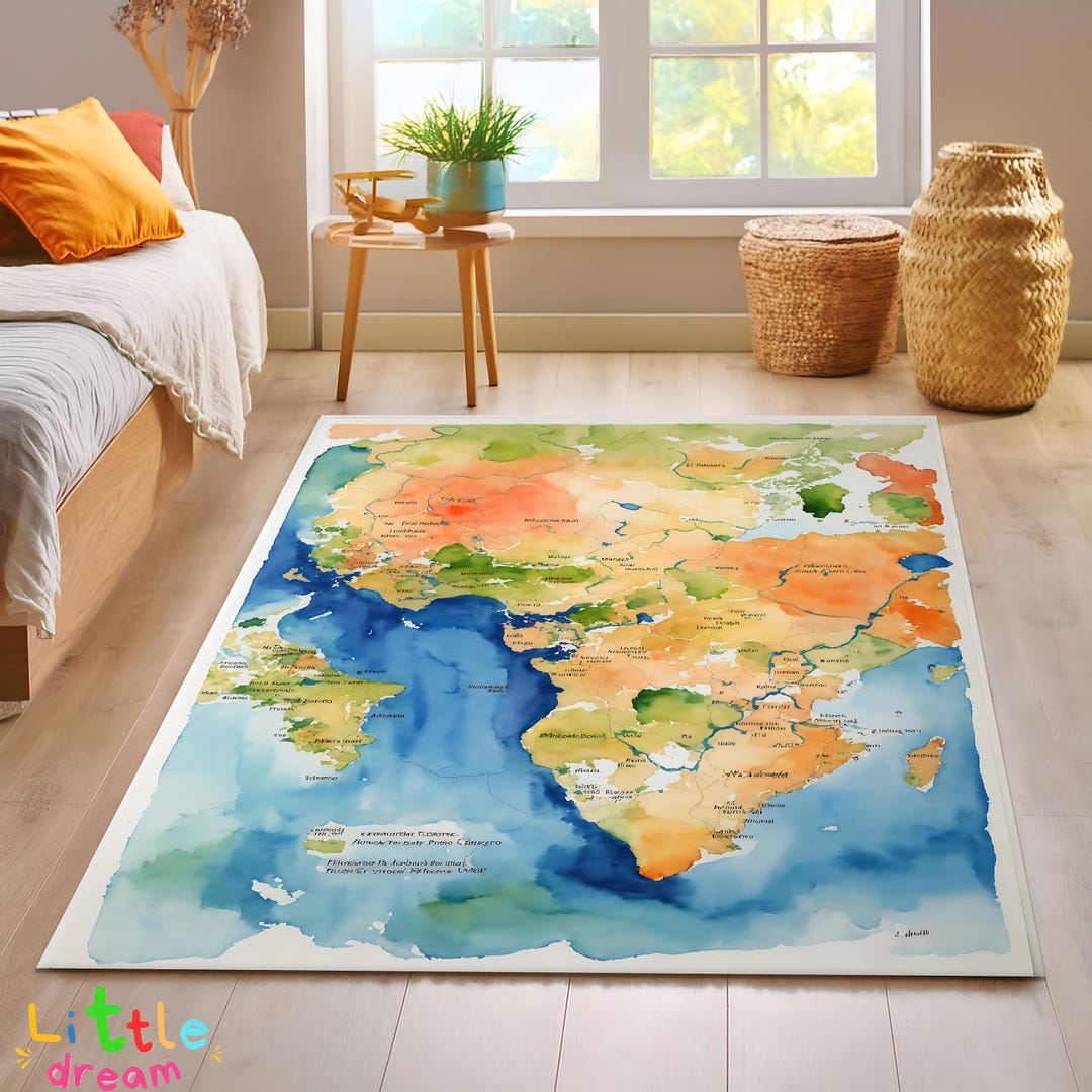 Watercolor World Map Rug, Colorful Earth Carpet, Educational Home Decor ...