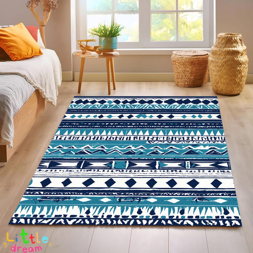 Blue and White Aztec Rug, Tribal Geometric Carpet, Bohemian Home Decor ...