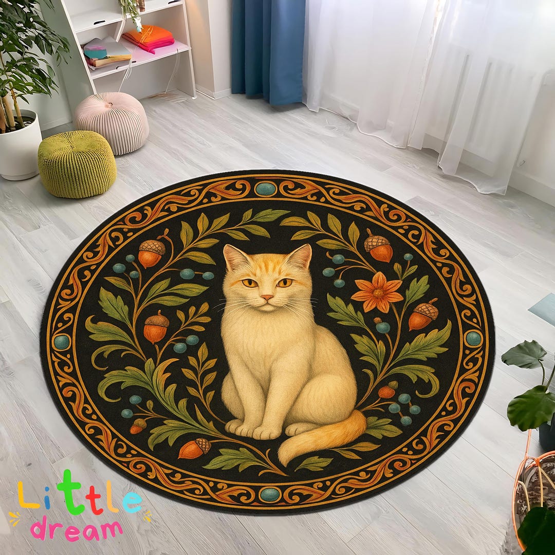Vintage Cat Round Rug: Botanical Floral Carpet, Kitten Home Decor - Etsy