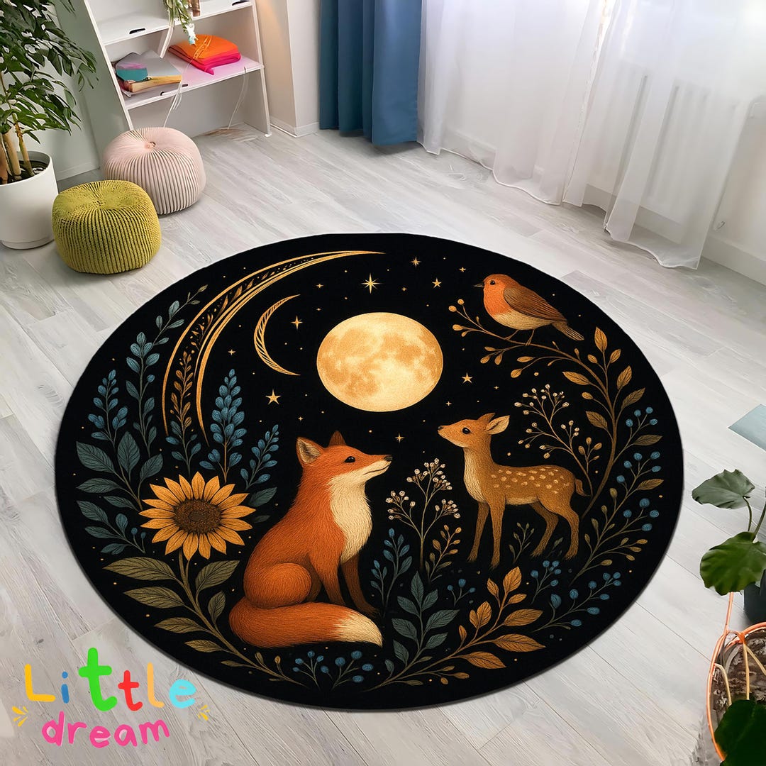 Enchanted Forest Round Area Rug: Fox, Deer & Moonlit Woodland Carpet - Etsy