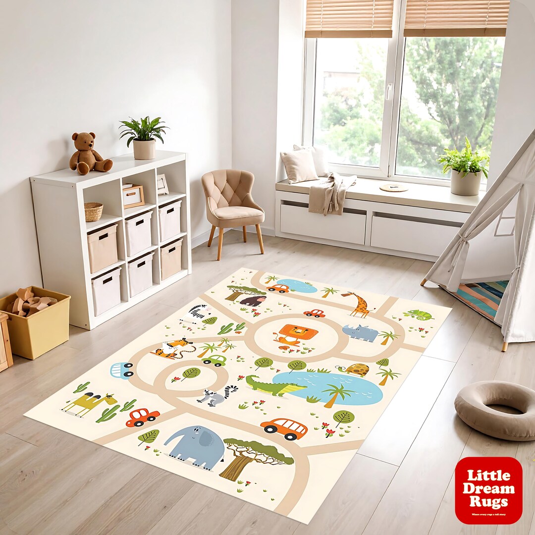 Safari Animals Kids Rug: Road Map Play Mat, Neutral Nursery Decor - Etsy