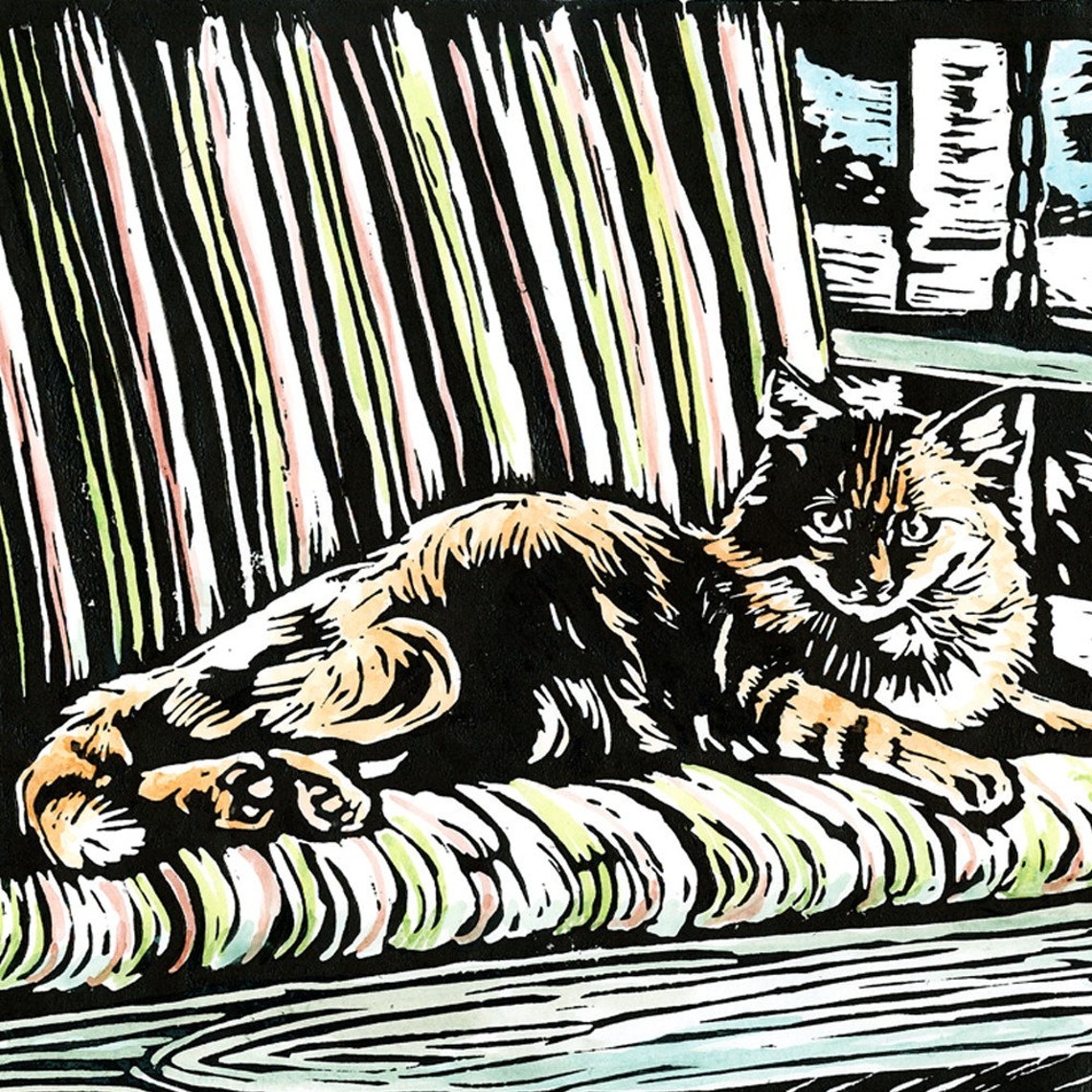 Cat Linocut Print Block Print Gift Lino Cut Print Relief - Etsy