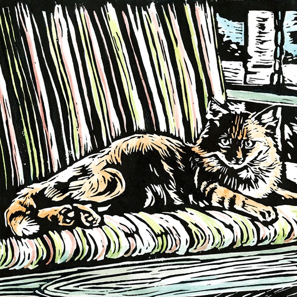 Cat Linocut Print Block Print Gift Lino Cut Print Relief - Etsy