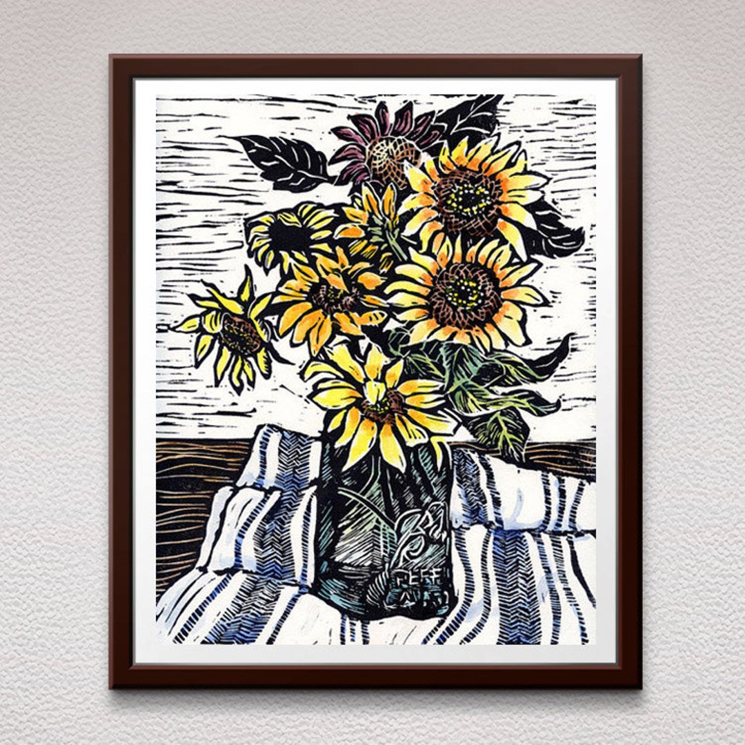 Sunflowers, Wall Art, Linocut Print, Block Print, Relief Art Print ...