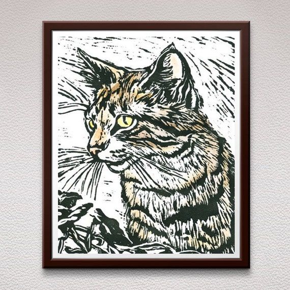 Cat Linocut Print Block Print Relief Art Print Lino Cut | Etsy