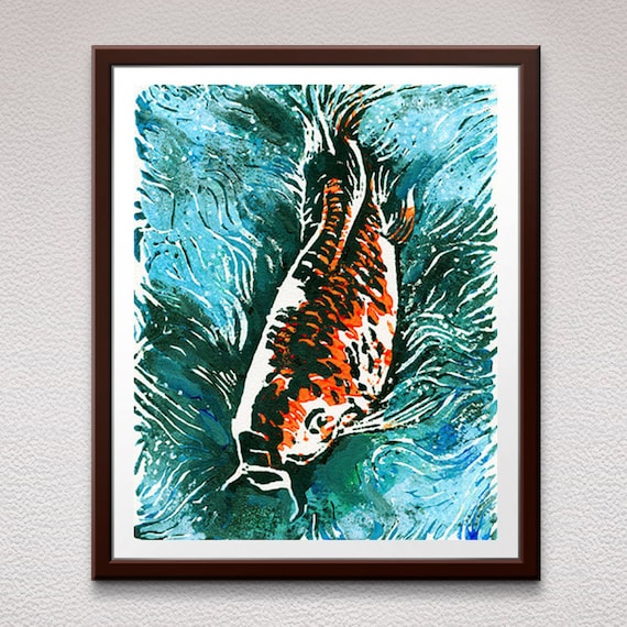 Prints Wood & Linocut Prints Koi Carp Linocut and Watercolour Print Art ...