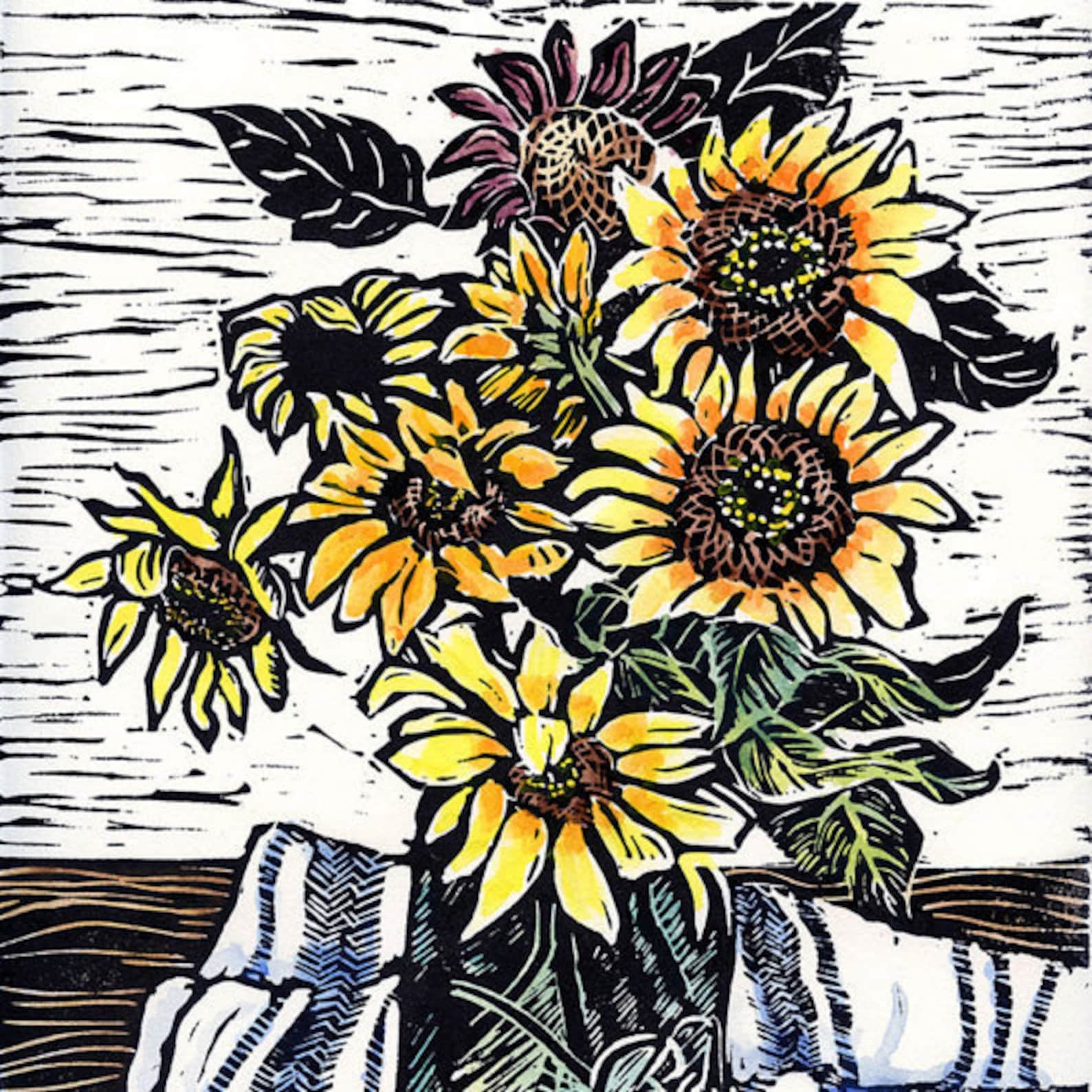 Sunflowers Wall Art Linocut Print Block Print Relief Art - Etsy