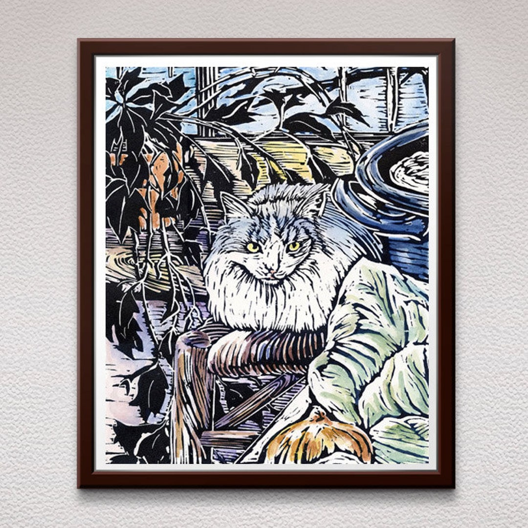 Cat on Chair, Linocut Print, Block Print, Relief Art Print, Linoleum ...