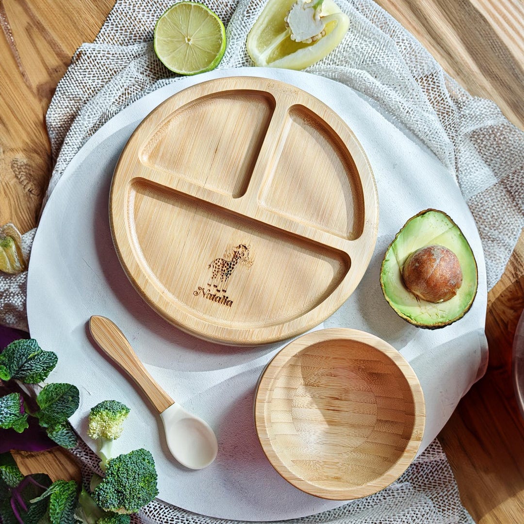 Customizable Bamboo Baby Dining Set Engraved Plate and Spoon for Kids ...