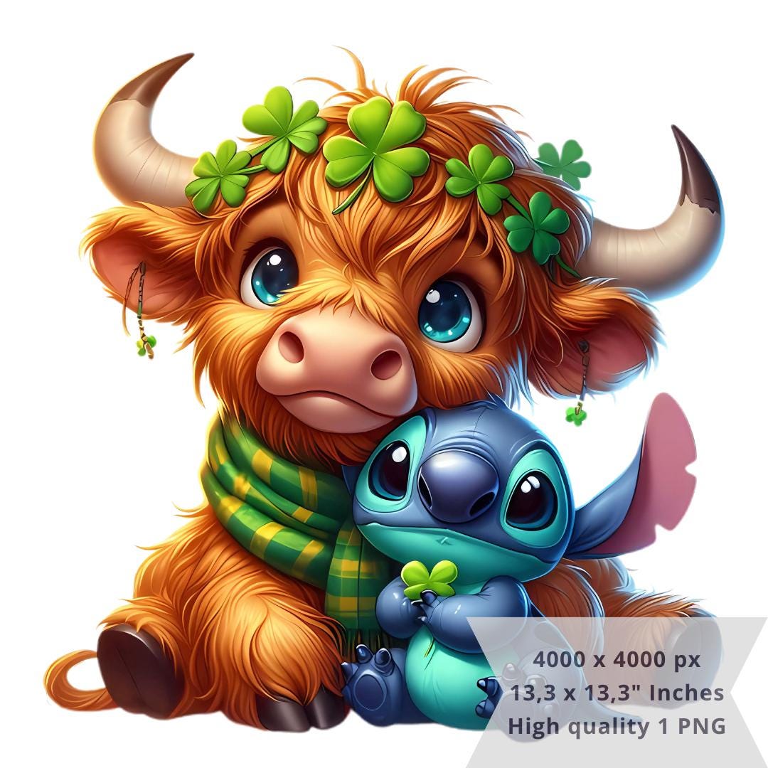 1 PNG Cute Highland Cow and Stitch St Patrick, Clipart Images, Digital ...