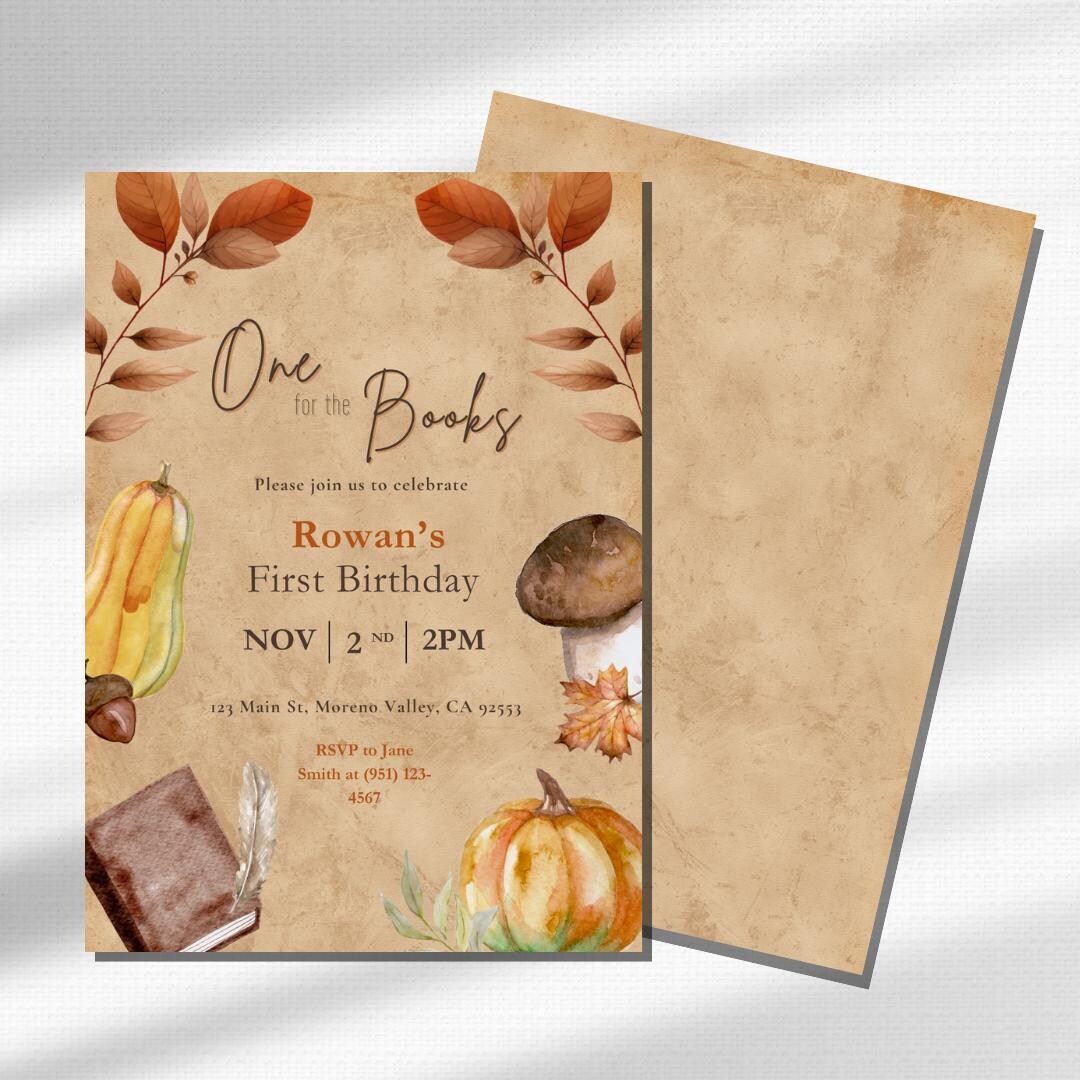 Editable One for the Books Fall Themed Birthday Invitation Template ...