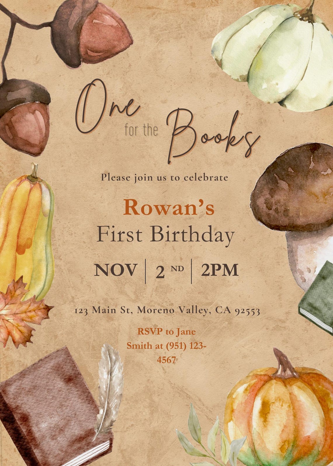 Editable One for the Books Fall Themed Birthday Invitation Template ...