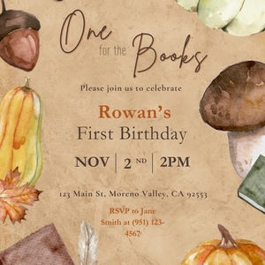 Editable One for the Books Fall Themed Birthday Invitation Template ...
