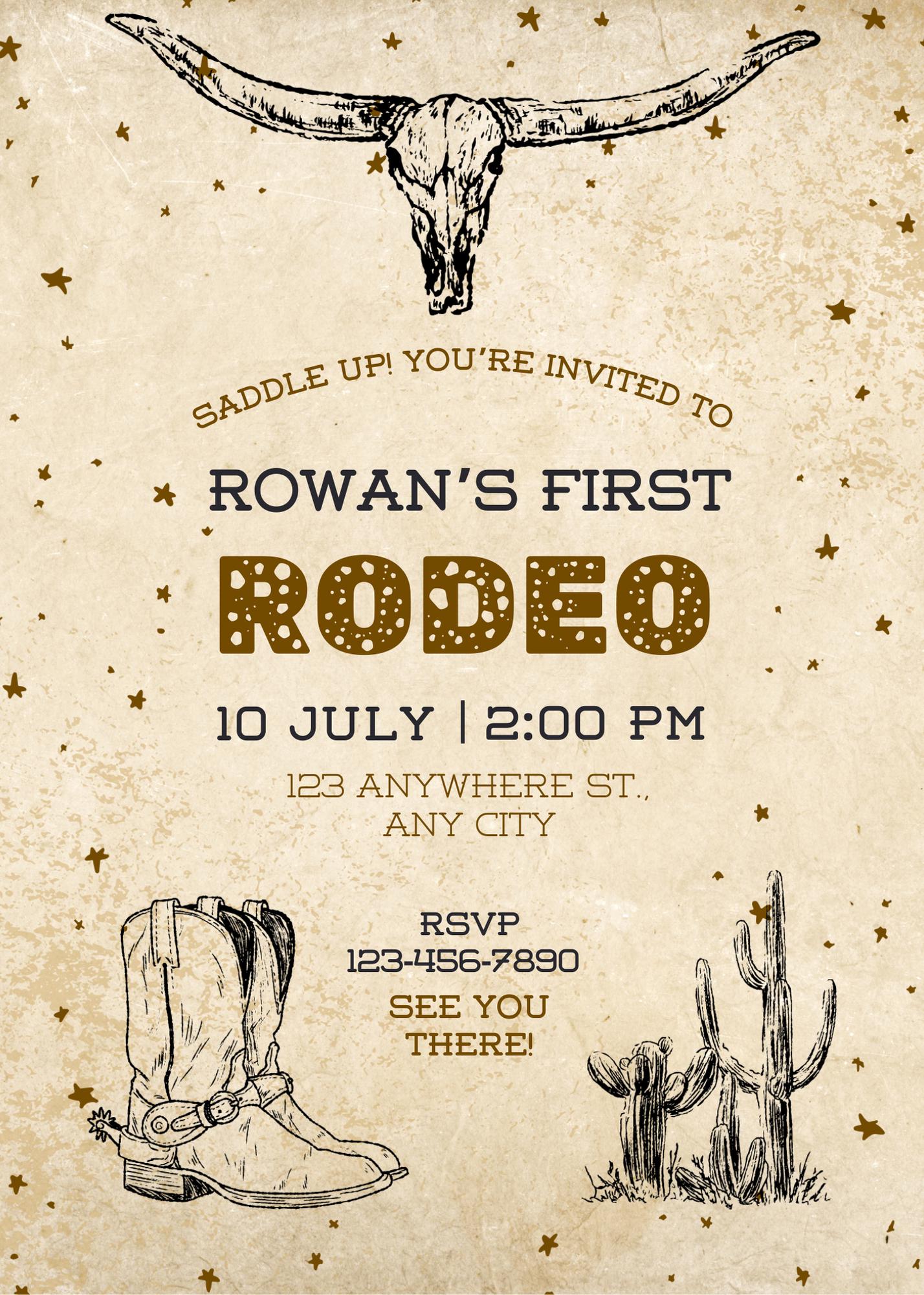 Editable Fun First Rodeo Themed Birthday Invitation Template. Longhorn ...