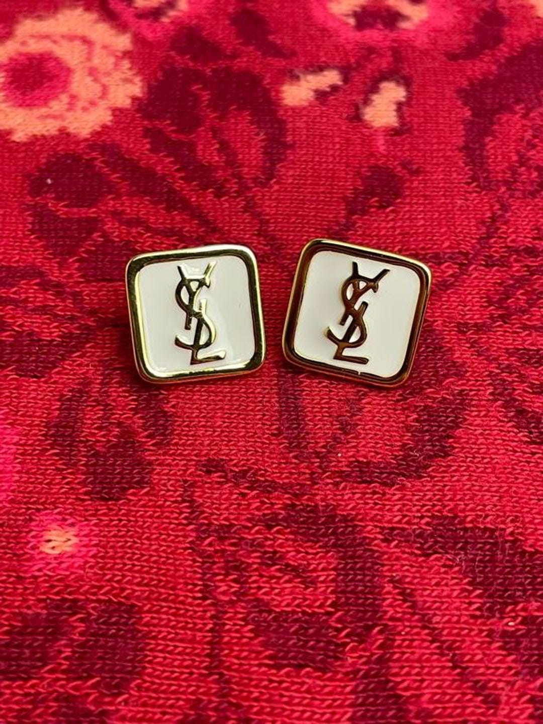 Yves Saint Laurent Gold YSL Monogram White Stud Earrings - Etsy