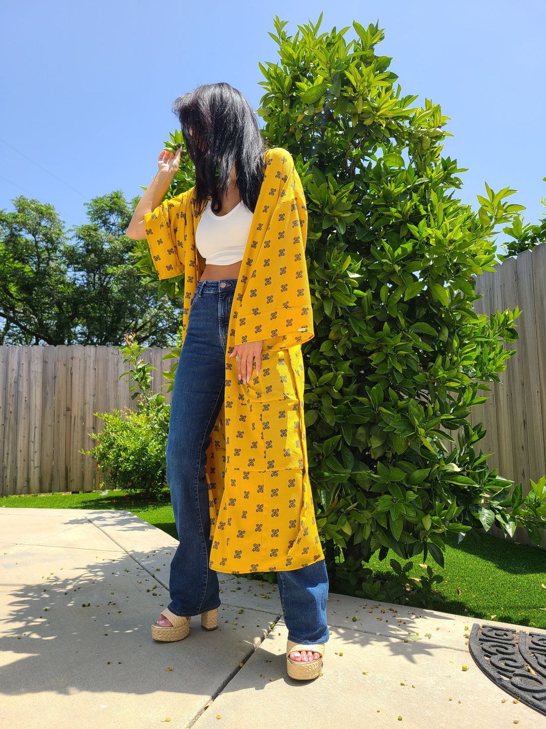 SUNNY KIMONO Yellow Kimono Robe With Partern, Beach Cover Up, Summer ...