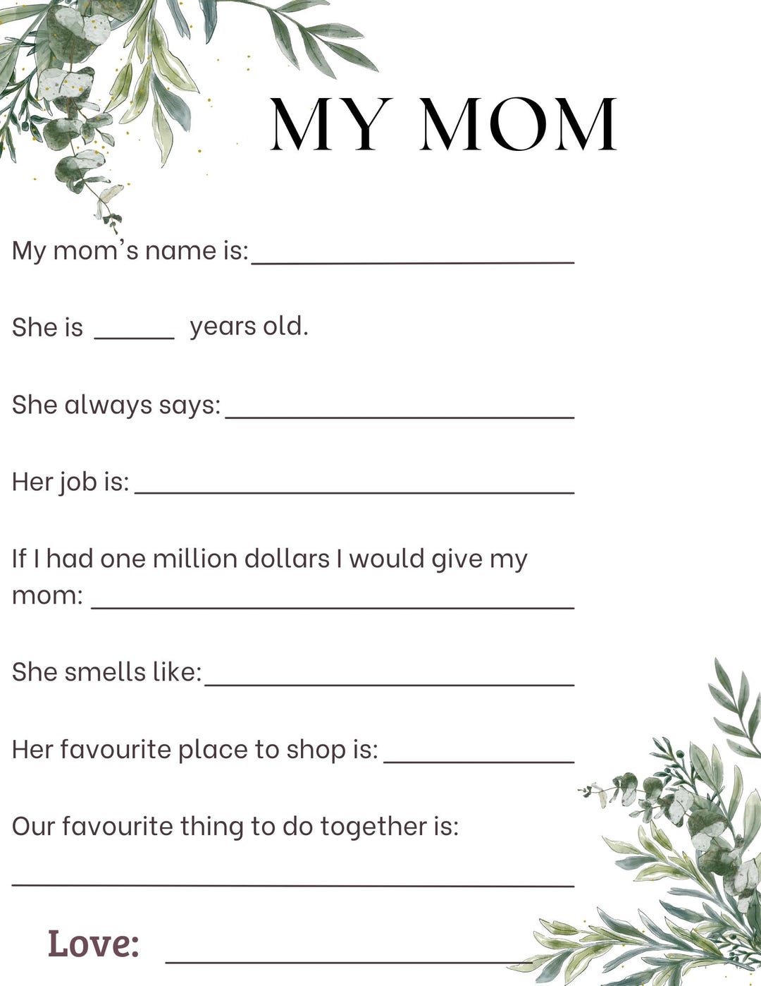 Mother's Day Interview Template Handprint Craft Gift for Mom, Nana ...