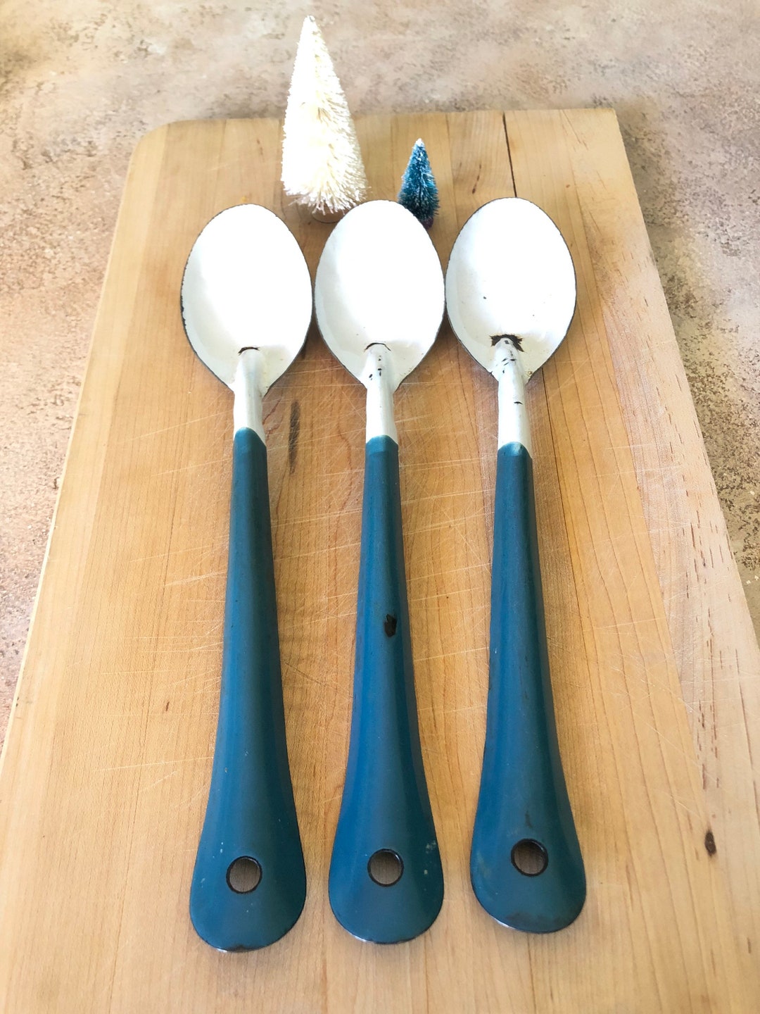 Set of Three Blue and White Enamel Spoons- Graniteware, Farmhouse ...
