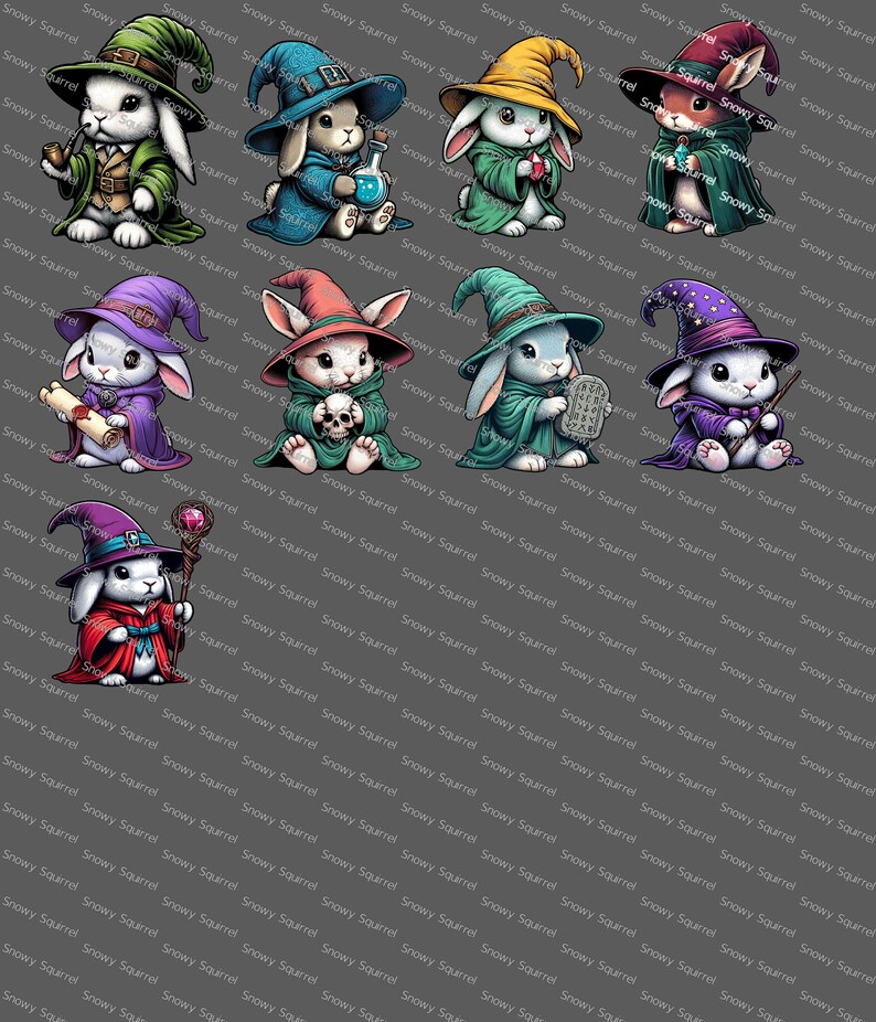 Wizard Bunnies Clip Art Bundle: Set of 25 PNG for Design, Cute Rabbits ...