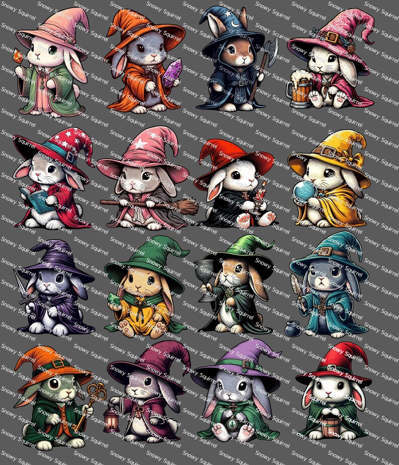 Wizard Bunnies Clip Art Bundle: Set of 25 PNG for Design, Cute Rabbits ...
