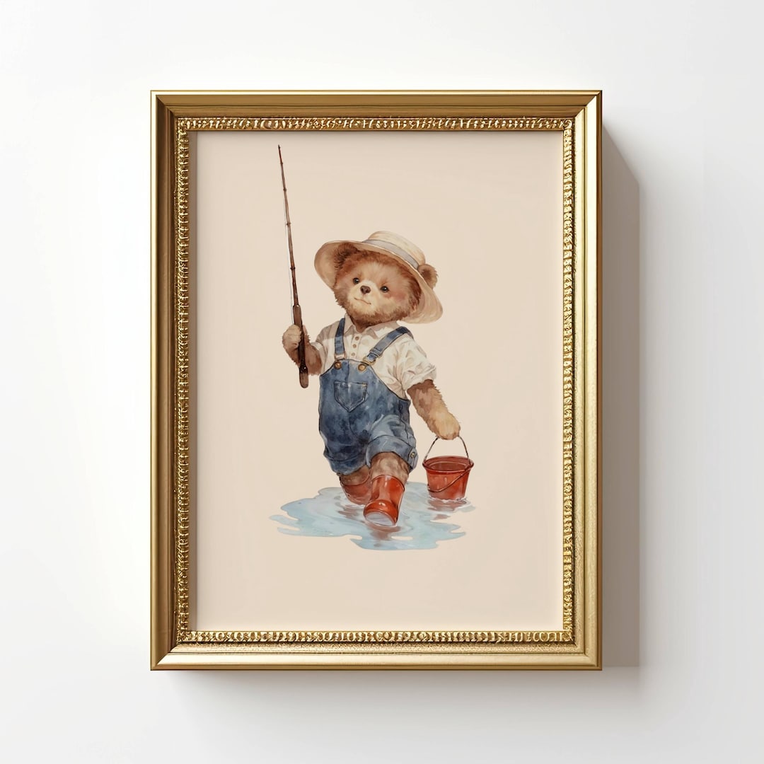 Vintage Teddy Bear Fishing Wall Art, Watercolor Fishing Nursery Decor ...