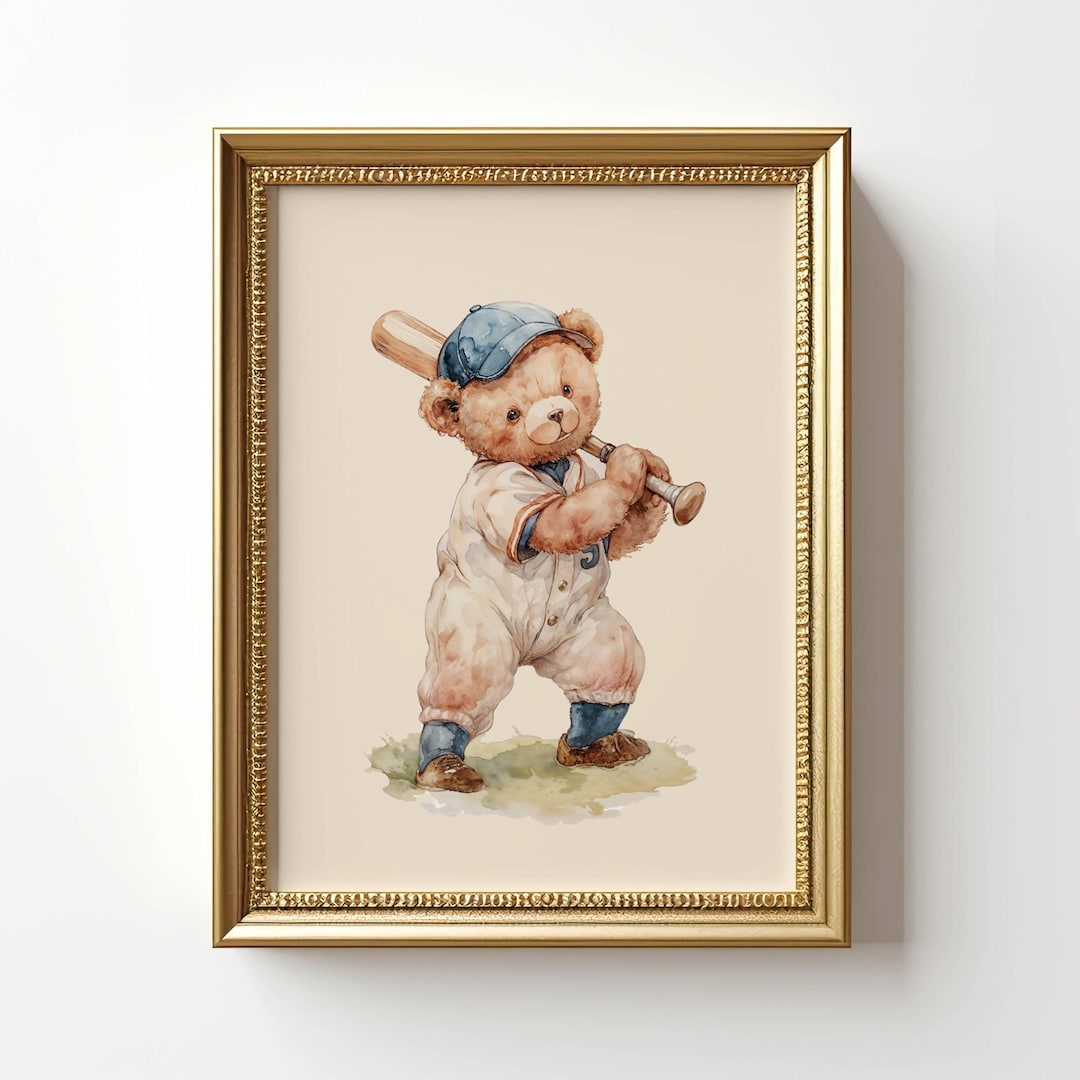 Vintage Baseball Teddy Bear Wall Art, Adorable Bear in Classic Baseball ...
