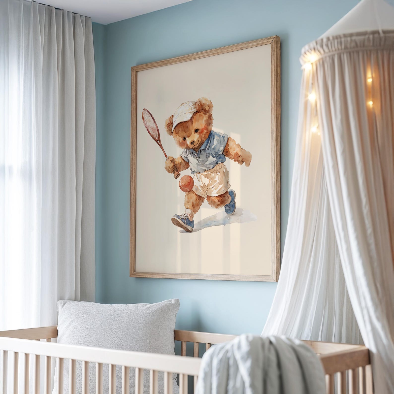 Vintage Tennis Teddy Bear Wall Art, Watercolor Illustration of a Bear ...
