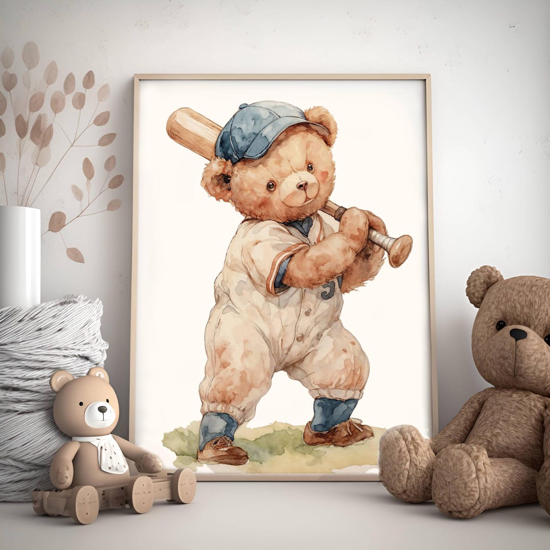 Vintage Baseball Teddy Bear Wall Art, Watercolor Nursery Decor, Baby ...