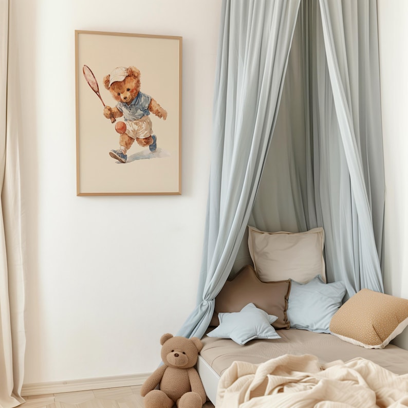 Vintage Tennis Teddy Bear Wall Art, Watercolor Illustration of a Bear ...