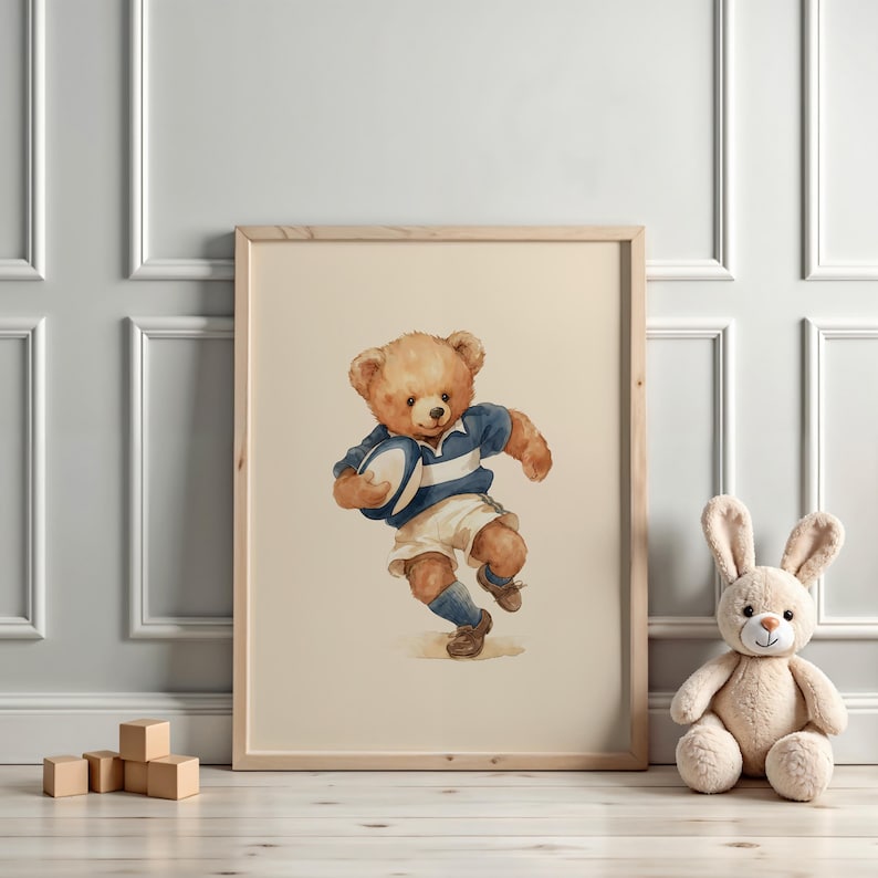 Vintage Rugby Player Teddy Bear Wall Art, Sports Nursery Theme, Sporty ...