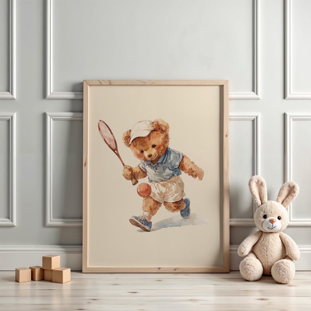 Vintage Tennis Teddy Bear Wall Art, Watercolor Illustration of a Bear ...