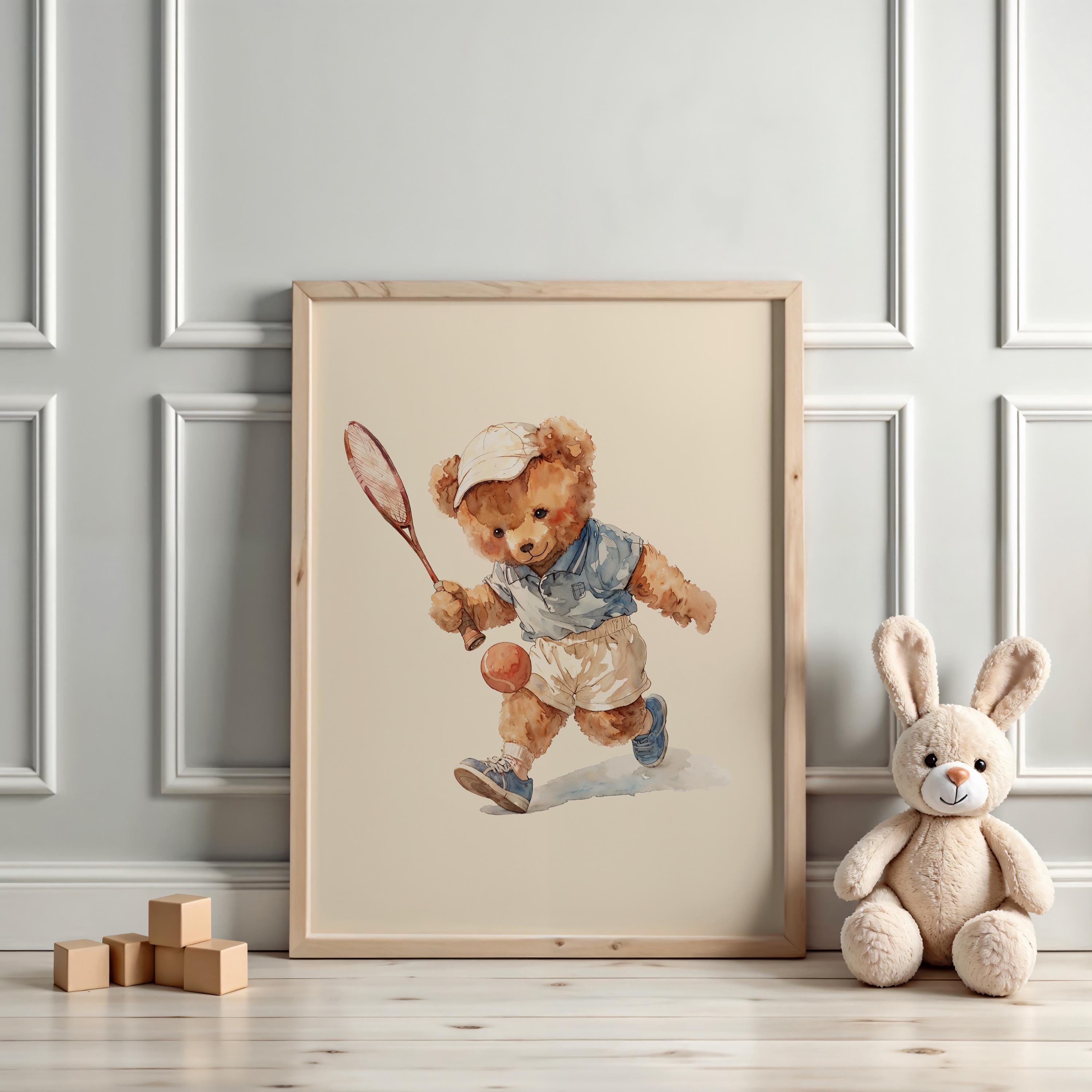 Vintage Tennis Teddy Bear Wall Art, Watercolor Illustration of a Bear ...