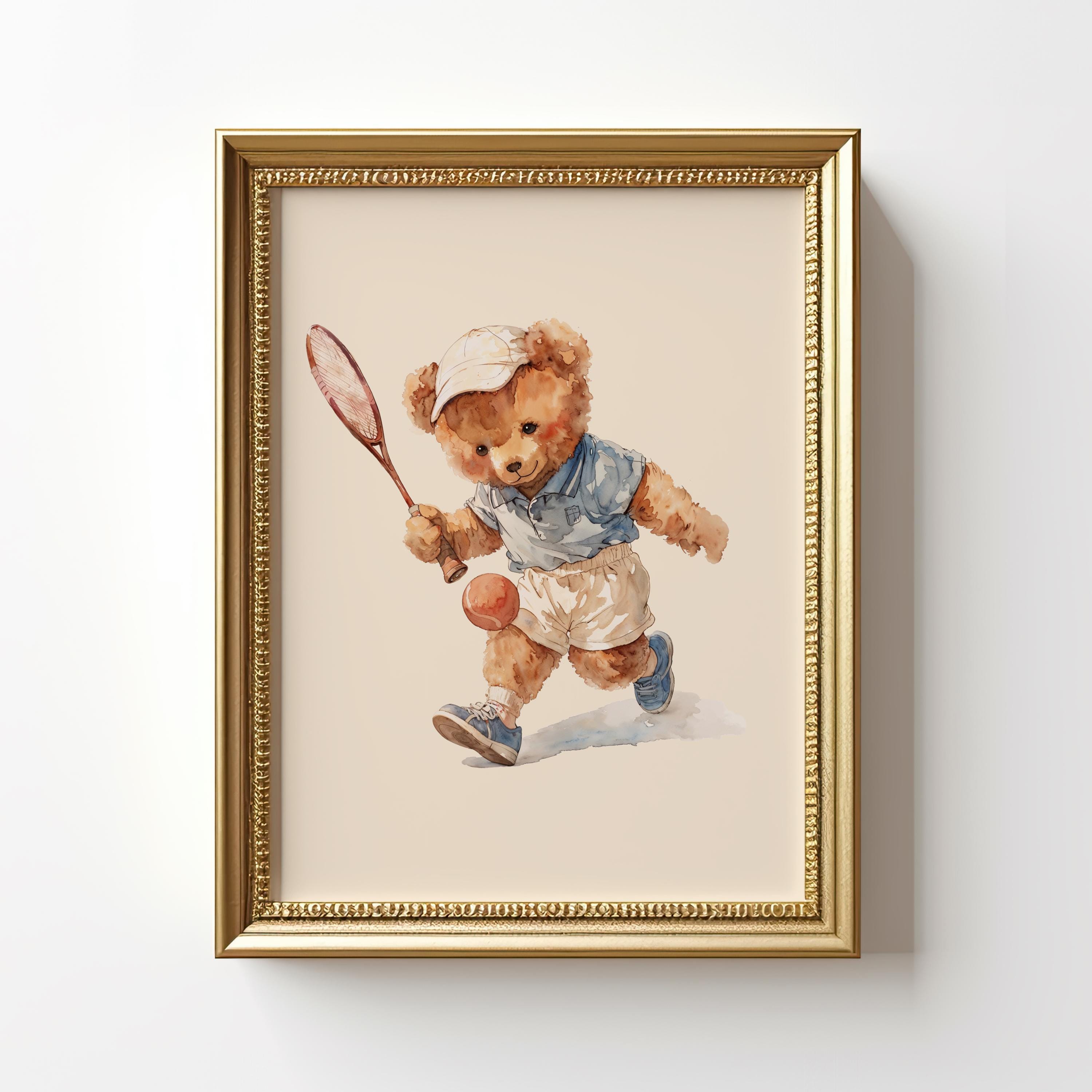 Vintage Tennis Teddy Bear Wall Art, Watercolor Illustration of a Bear ...