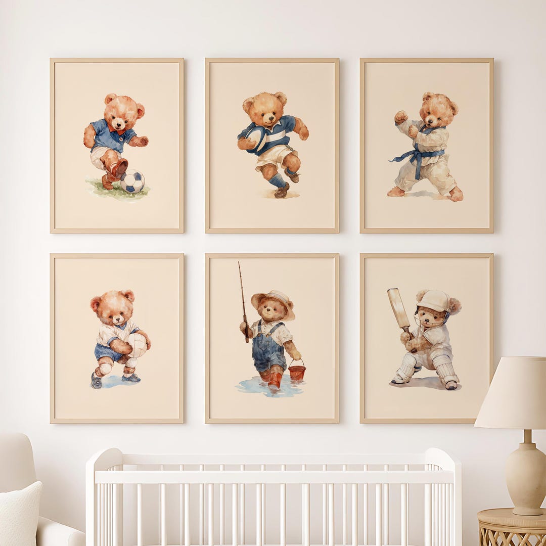 Teddy Bear Sports Nursery Wall Art Set of 6, Printable Watercolor ...