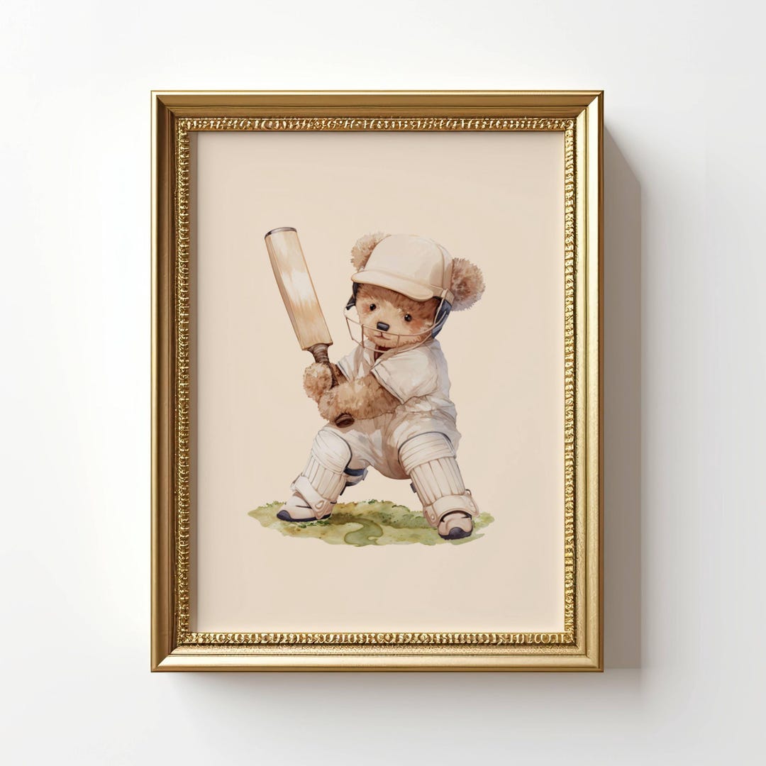 Vintage Cricket Player Teddy Bear Wall Art, Sports Nursery Theme ...