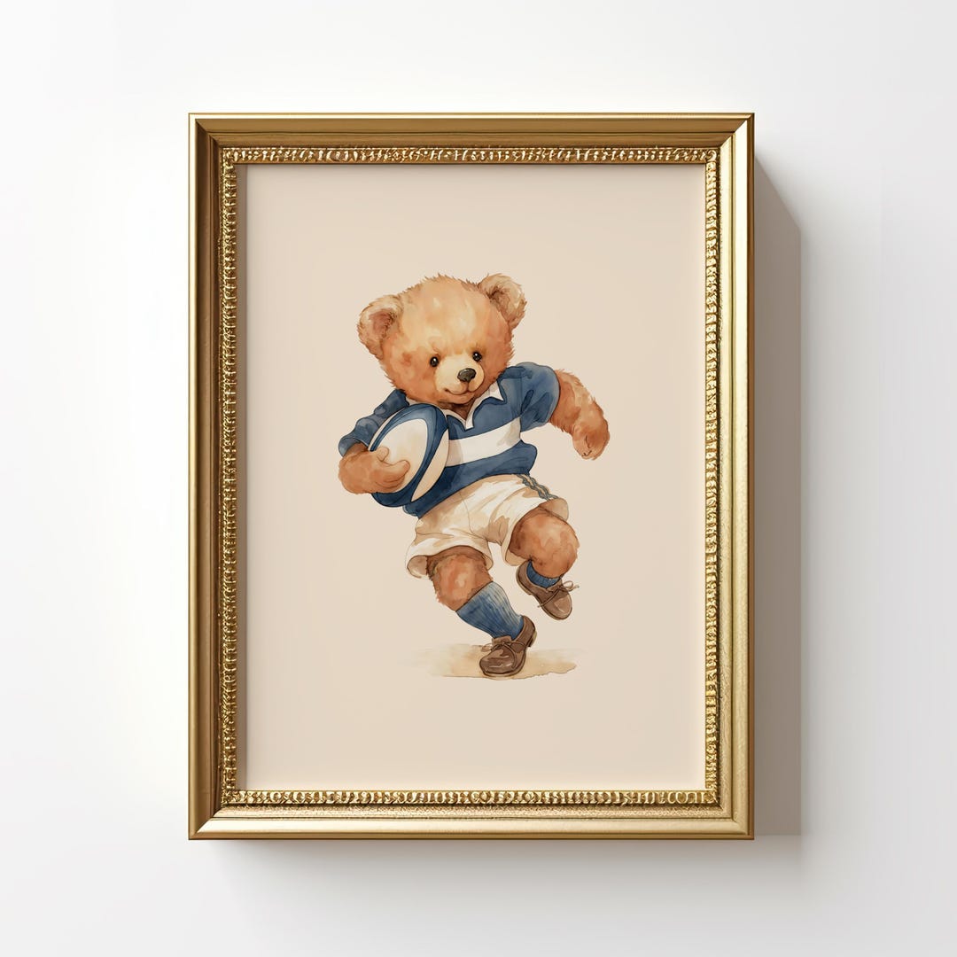 Vintage Rugby Player Teddy Bear Wall Art, Sports Nursery Theme, Sporty ...