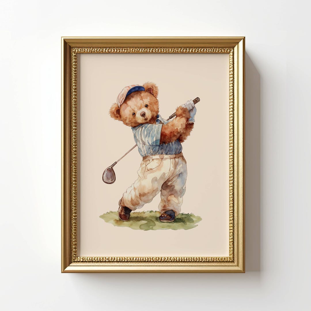 Vintage Golf Teddy Bear Wall Art, Watercolor Illustration of Bear in ...