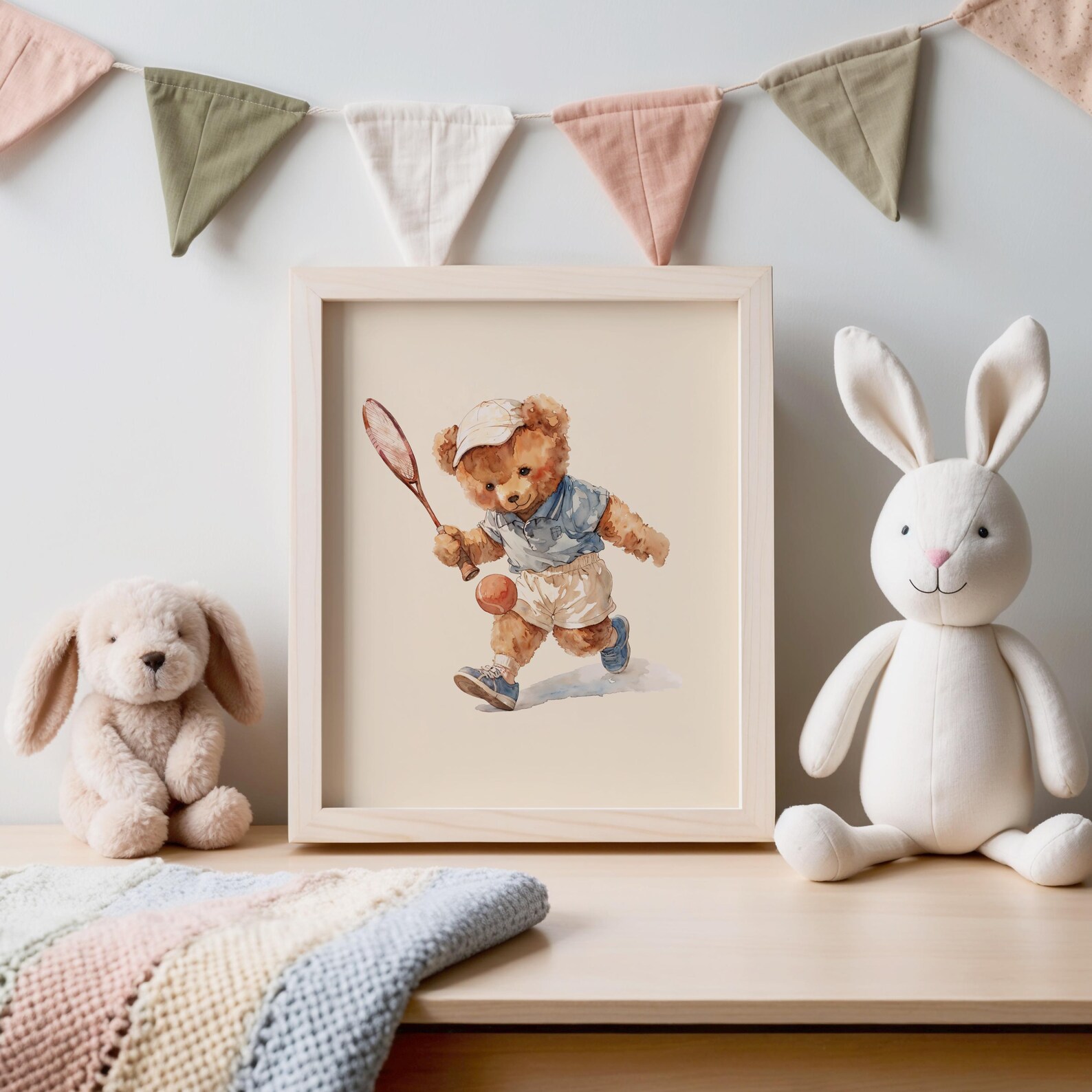 Vintage Tennis Teddy Bear Wall Art, Watercolor Illustration of a Bear ...