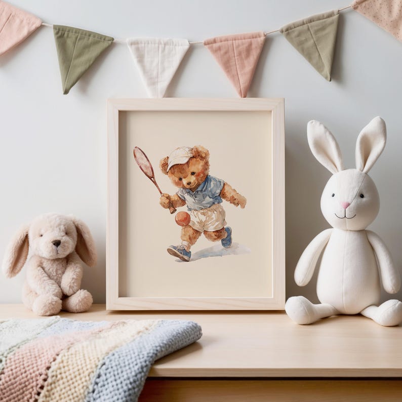 Vintage Tennis Teddy Bear Wall Art, Watercolor Illustration of a Bear ...