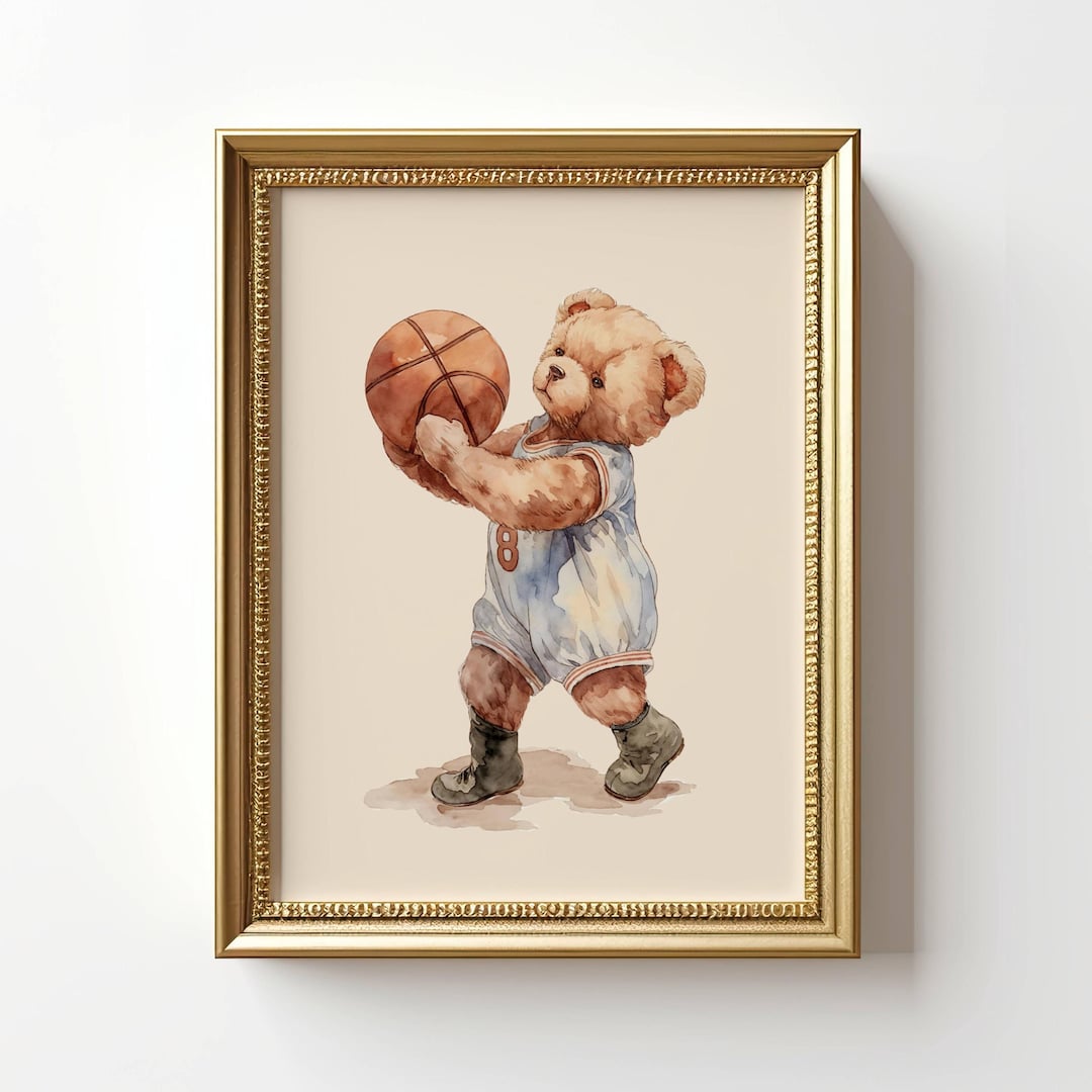Vintage Basketball Teddy Bear Wall Art, Adorable Bear in Basketball ...