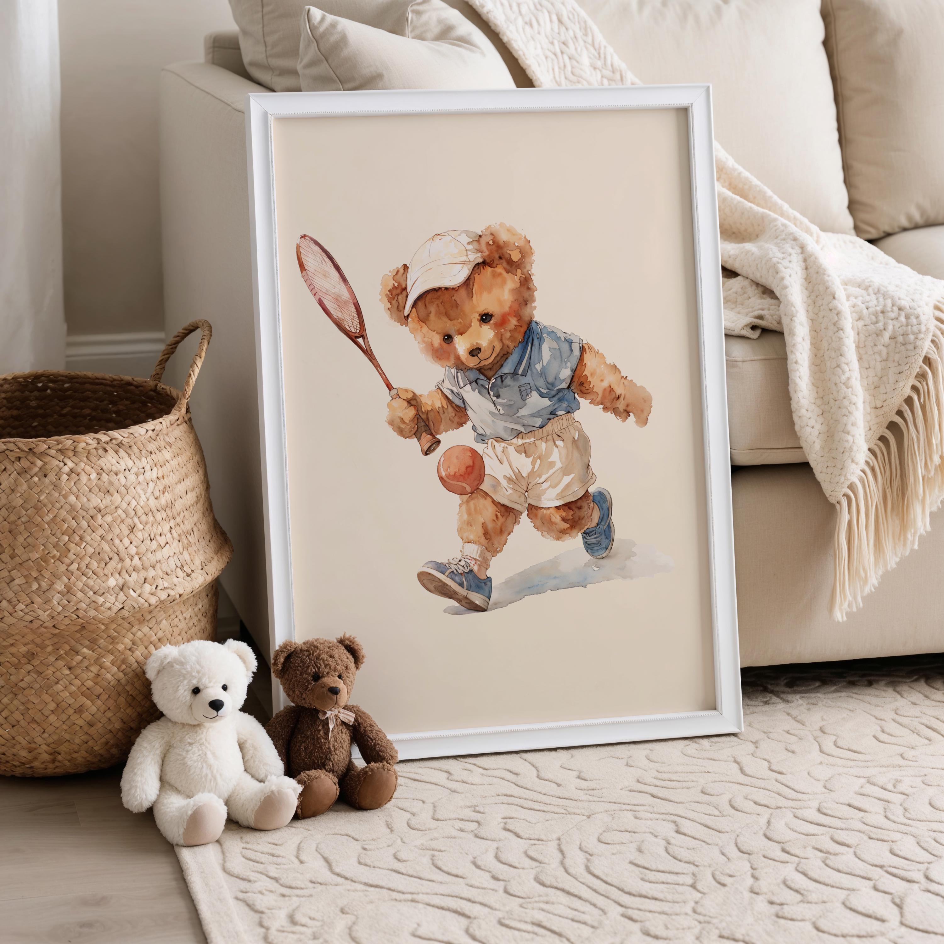 Vintage Tennis Teddy Bear Wall Art, Watercolor Illustration of a Bear ...