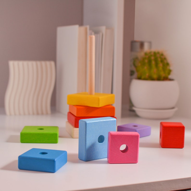 Wooden Stacking Toy Square Bright Colors Montessori Baby Toy Nursery ...