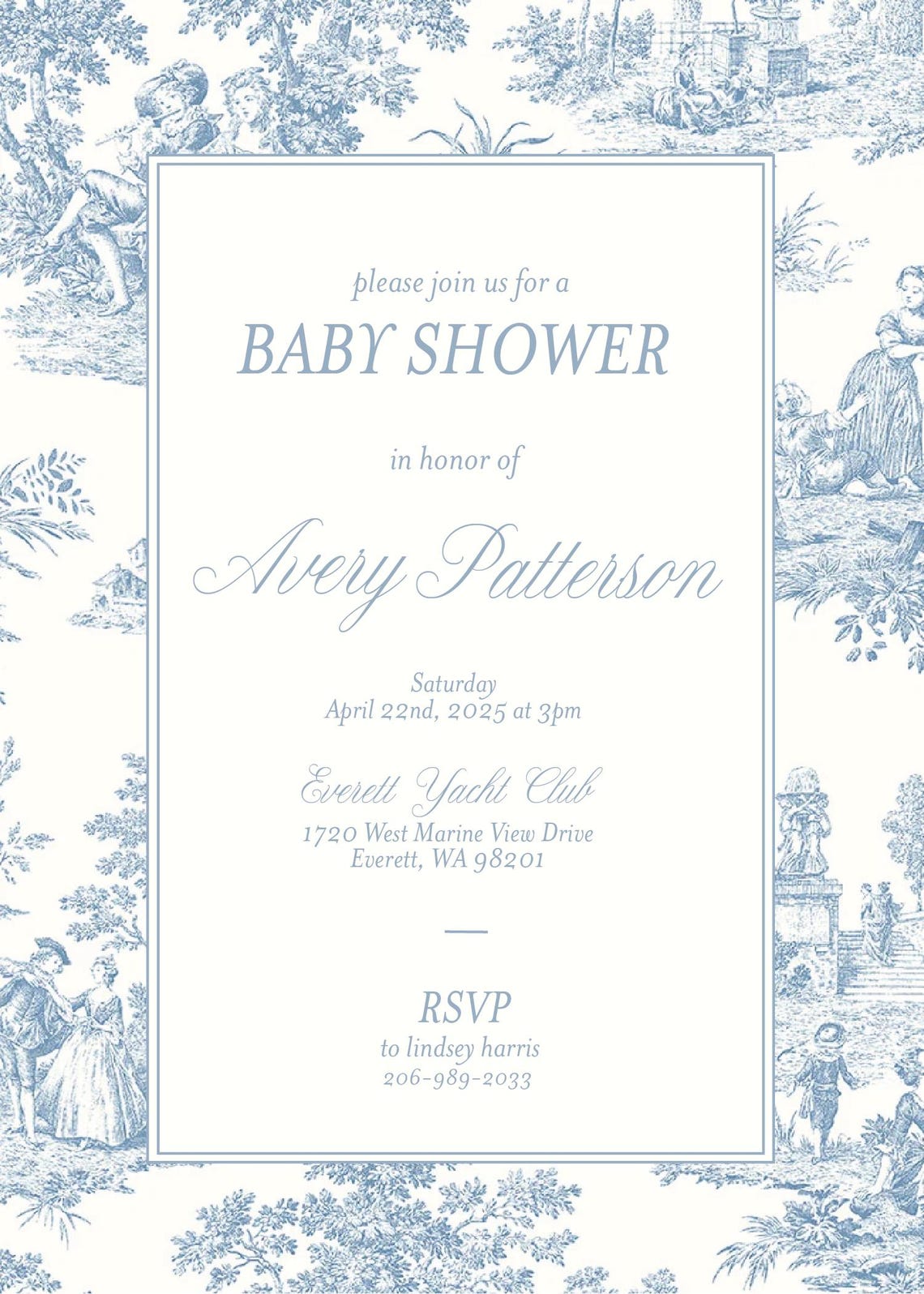 Blue Toile Baby Shower Invitation, DIGITAL DOWNLOAD - Etsy